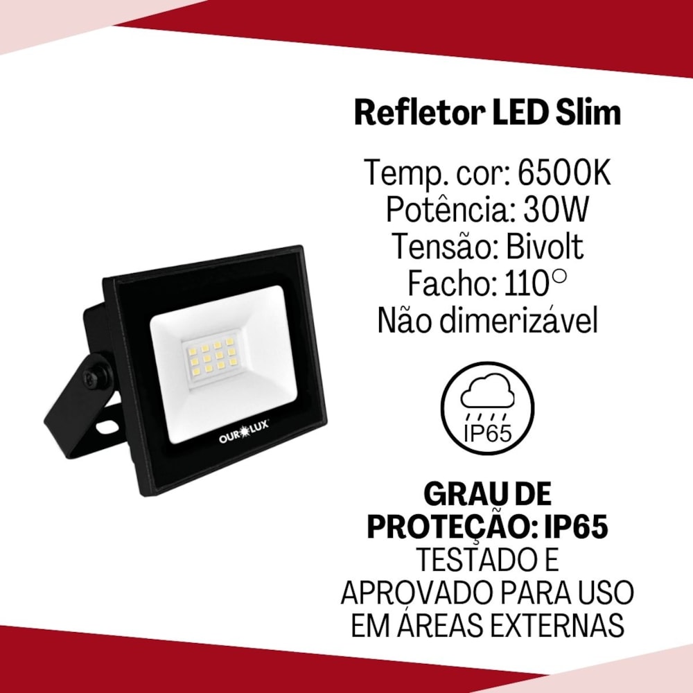 Refletor LED Slim 30W 6500K Bivolt Preto Ourolux - Loja Roma
