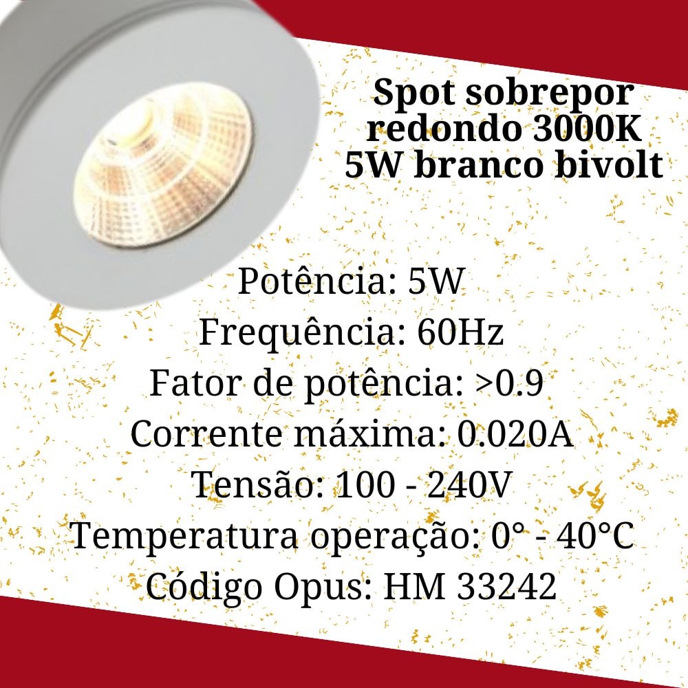 Spot LED Redondo Sobrepor Branco 5W 3000K Bivolt Opus - Loja Roma